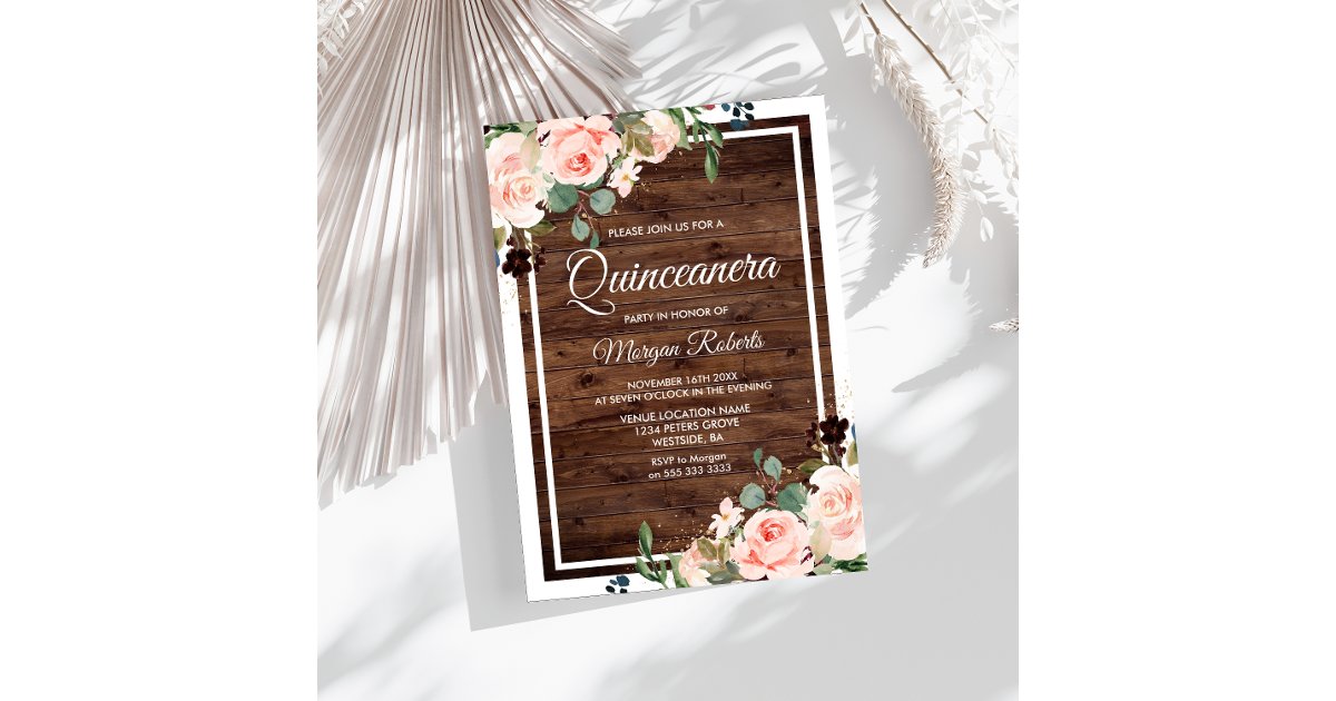 Beautiful Blush Flowers & Rustic Wood Quinceanera Invitation | Zazzle