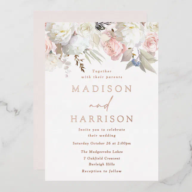 Beautiful Blush And White Floral Wedding Rose Gold Foil Invitation Zazzle