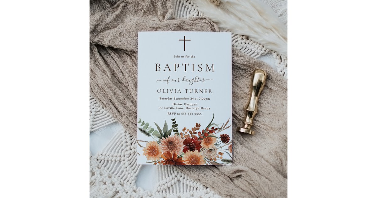 Beautiful Boho Autumn Flowers Baptism Invitation | Zazzle