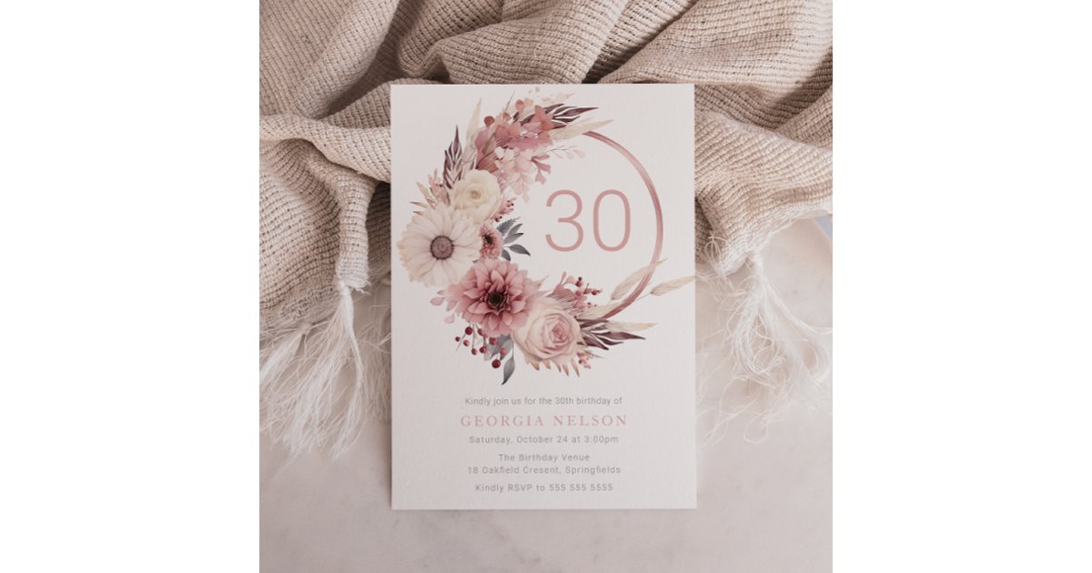 Beautiful Boho Blush 30th Birthday Party Invitation | Zazzle