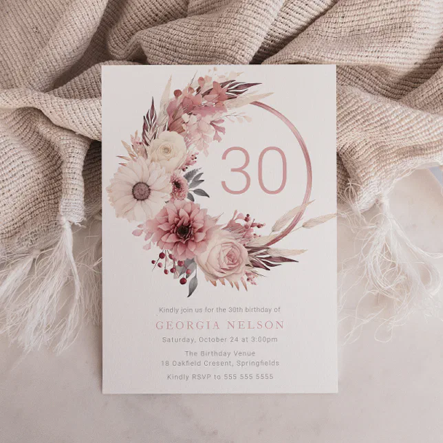 Beautiful Boho Blush 30th Birthday Party Invitation | Zazzle