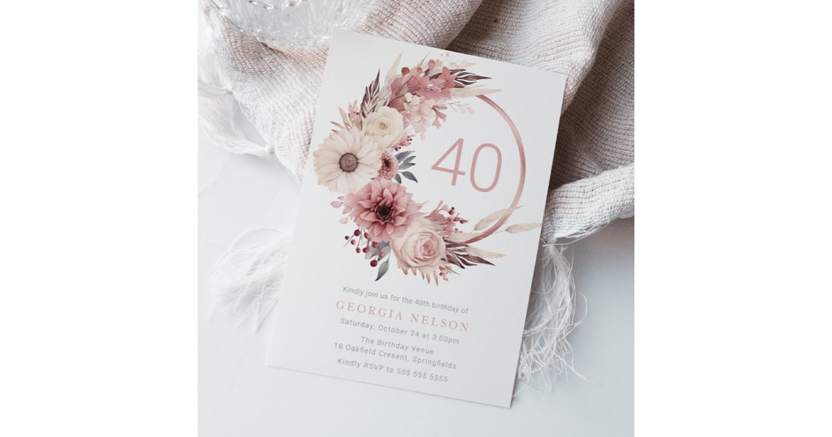 Beautiful Boho Blush 40th Birthday Party Invitation | Zazzle