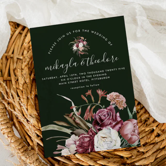 Beautiful Boho Floral on Green Photo Invitation | Zazzle