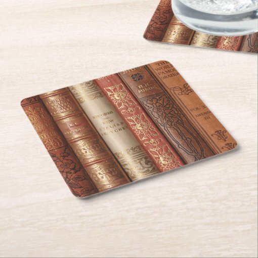 Beautiful Book Spines (beige) Square Paper Coaster | Zazzle