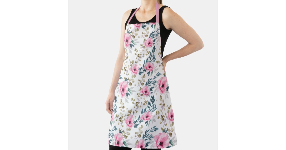 Beautiful Botanical Pink And Green Floral Apron | Zazzle
