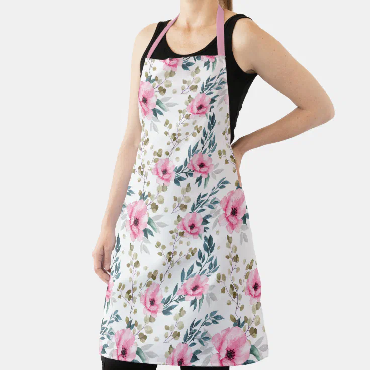 Beautiful Botanical Pink And Green Floral Apron | Zazzle