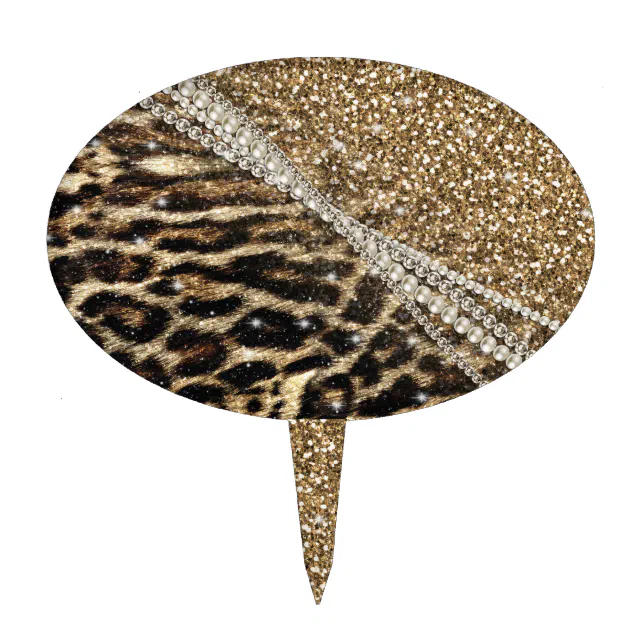 Beautiful Chic Girly Leopard Print Gold Glitter Cake Topper | Zazzle