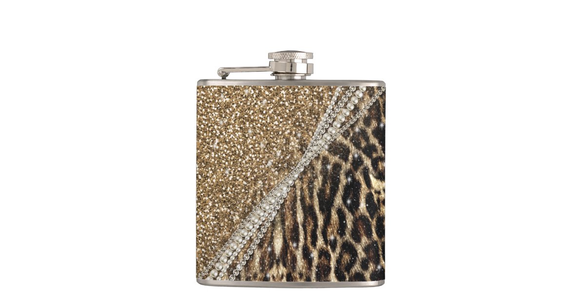 Beautiful Chic Girly Leopard Print Gold Glitter Flask | Zazzle