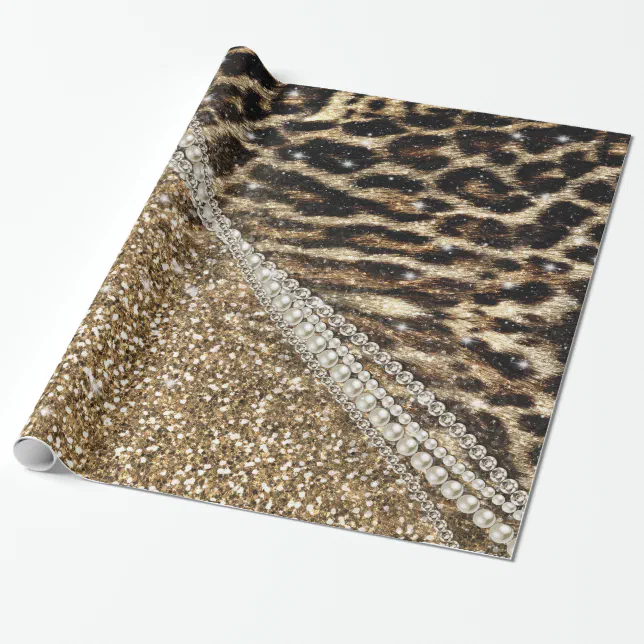 Beautiful Chic Girly Leopard Print Gold Glitter Wrapping Paper | Zazzle