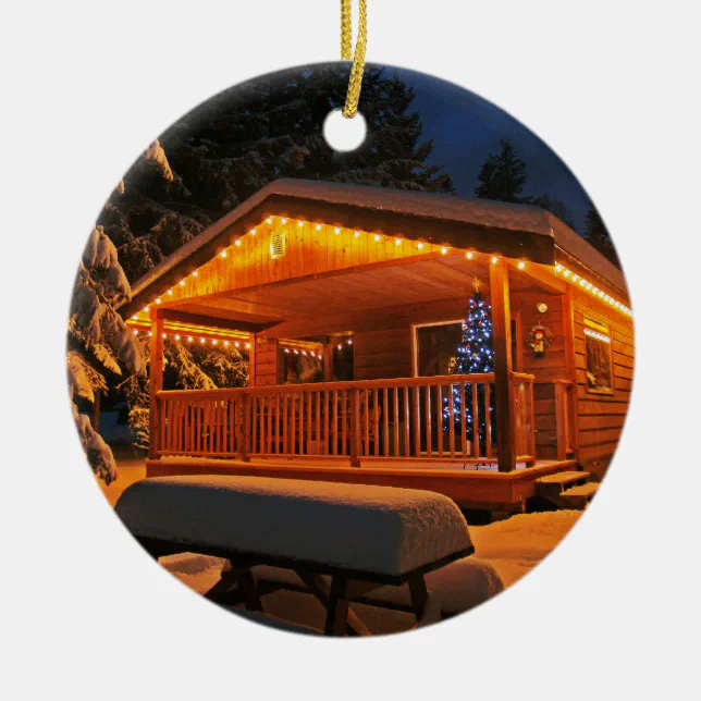 Beautiful Christmas Lights on Log Cabin in Snow Ceramic Ornament | Zazzle