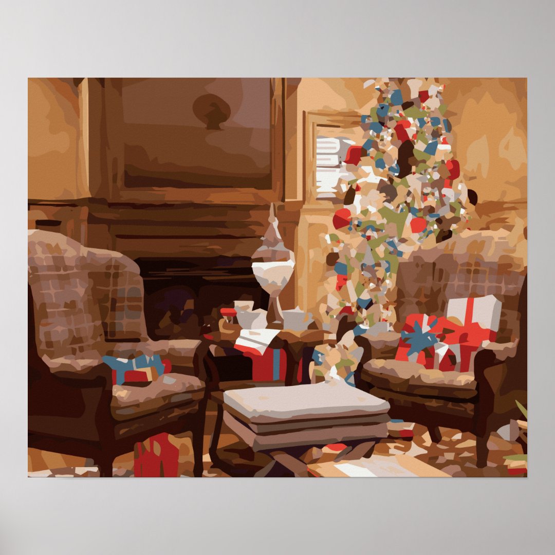 Beautiful Christmas Tree Living Room Scene Poster | Zazzle
