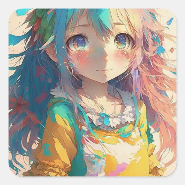 Beautiful Colorful Anime Girl Square Sticker | Zazzle