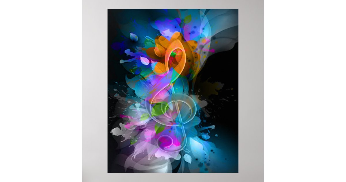 Beautiful Colorful Treble Clef Flower Leaves Paint Poster | Zazzle