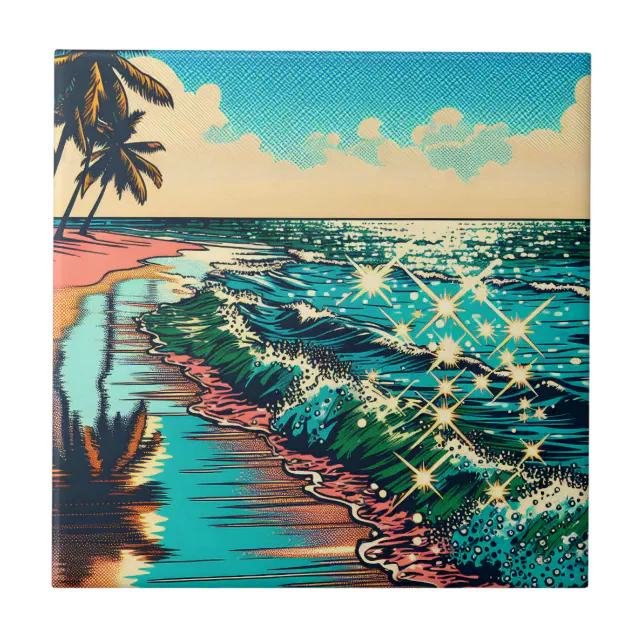 Beautiful Comic Pop Art Style Beach Scene Ceramic Tile | Zazzle