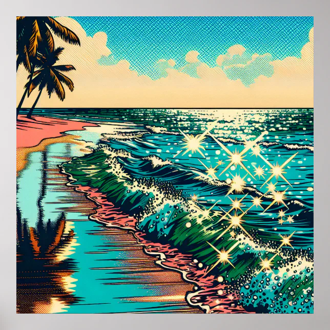 Beautiful Comic Pop Art Style Beach Scene Poster | Zazzle