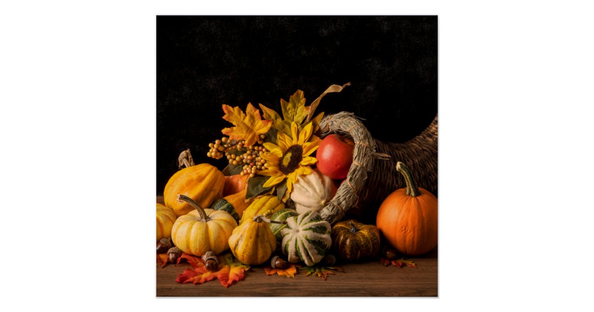 Beautiful Cornucopia Filled With Autumn Gourds Can Poster | Zazzle