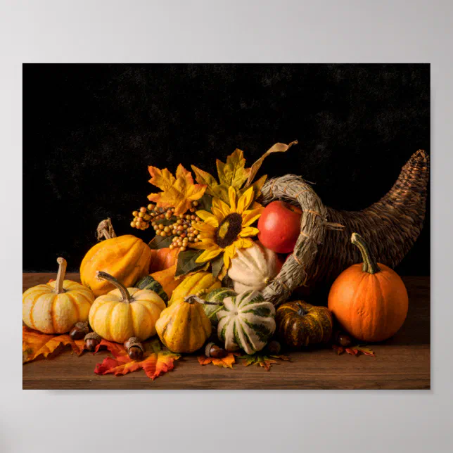 Beautiful Cornucopia Filled With Autumn Gourds Poster | Zazzle