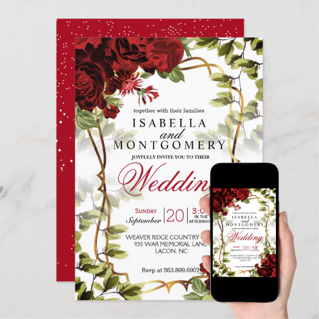 Beautiful Dark Red Floral Wedding Invitation | Zazzle