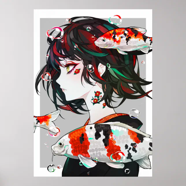 Beautiful Drawn art - Anime Girl with Koi Fish Poster | Zazzle