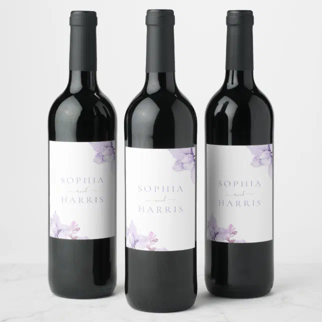 Beautiful Elegance Purple Floral Wedding Wine Label | Zazzle