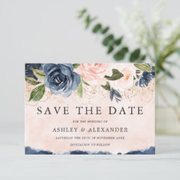 Beautiful Elegant Navy Floral Gold Blush Save The Date | Zazzle