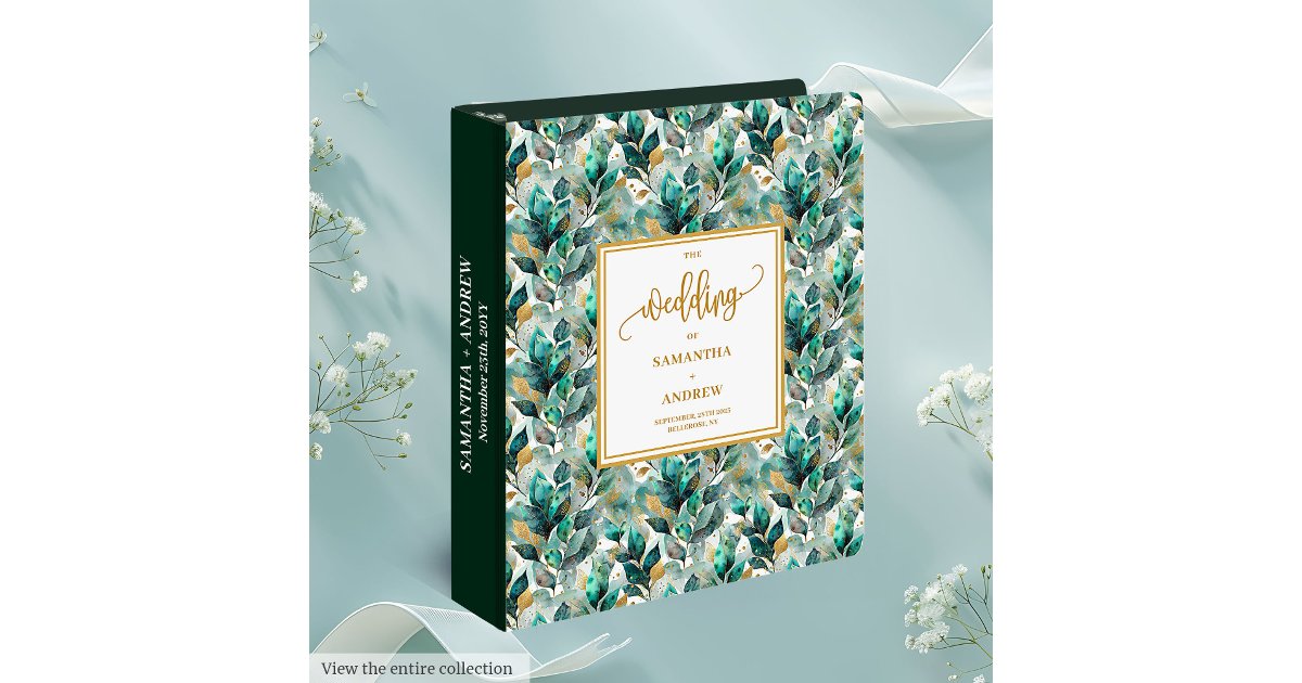 Beautiful Emerald Gold Greenery Wedding Album 3 Ring Binder | Zazzle
