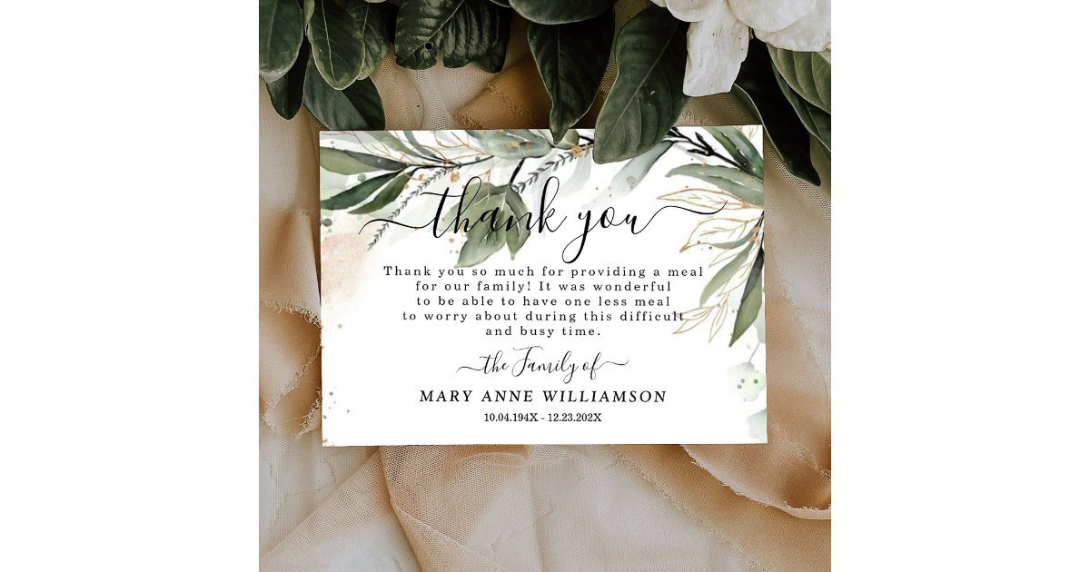 Beautiful Eucalyptus Funeral Food Thank You Card | Zazzle