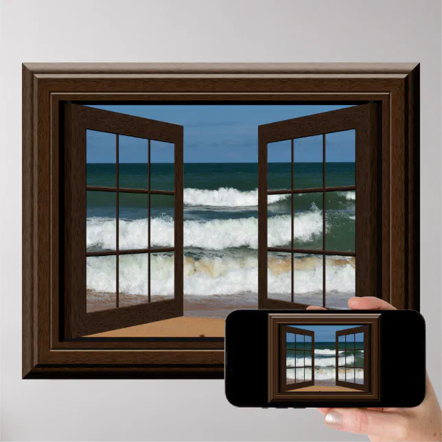 Beautiful Fake Window View Ocean Beach Waves Poster | Zazzle