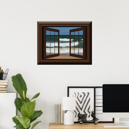 Beautiful Fake Window View Ocean Beach Waves Poster | Zazzle