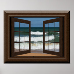 Beautiful Fake Window View Ocean Beach Waves Poster | Zazzle