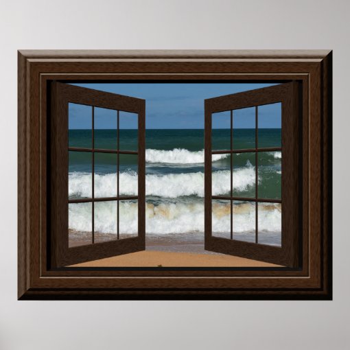Beautiful Fake Window View Ocean Beach Waves Poster | Zazzle