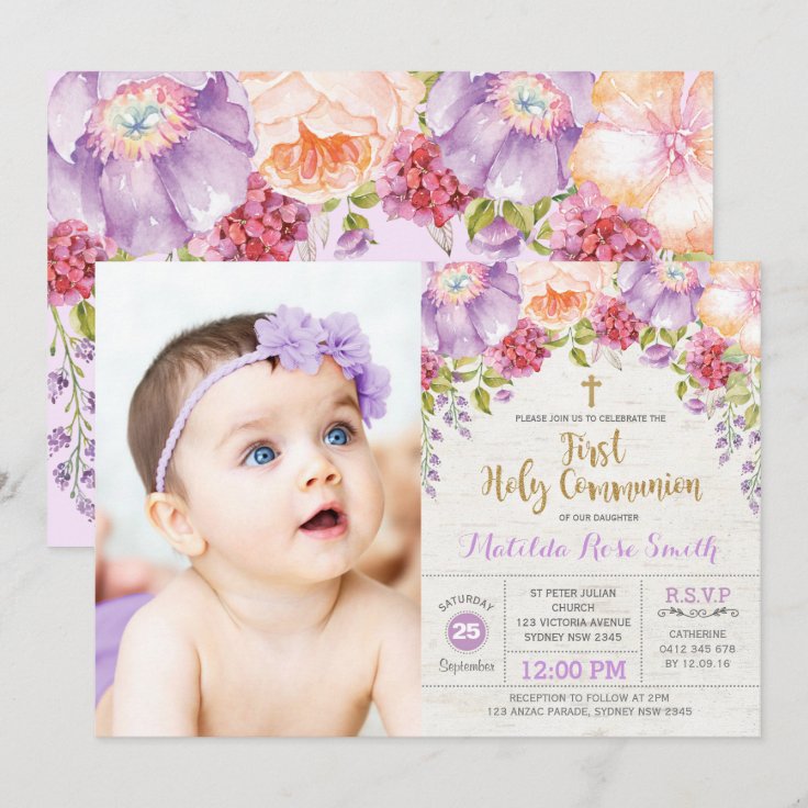 Beautiful First Holy Communion Purple Gold Floral Invitation | Zazzle