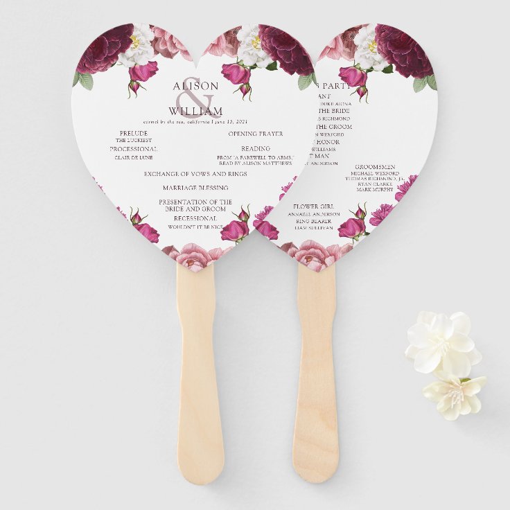 Beautiful Floral Burgundy Wedding Program Hand Fan | Zazzle
