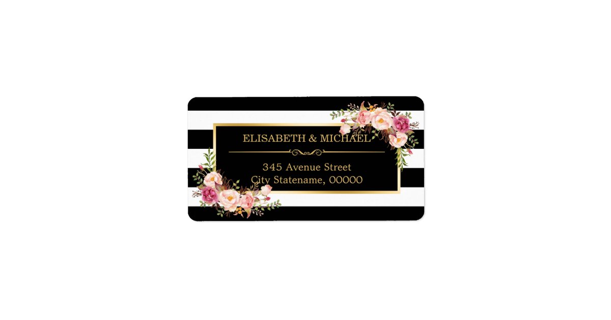 Beautiful Floral Gold Decor Black White Stripes Label | Zazzle