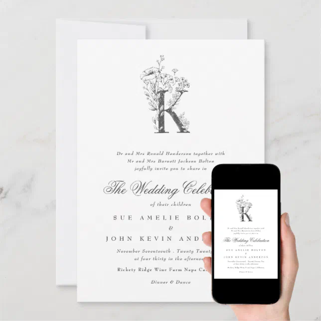 Beautiful Floral 'K' Monogram Sketched Wedding Invitation | Zazzle