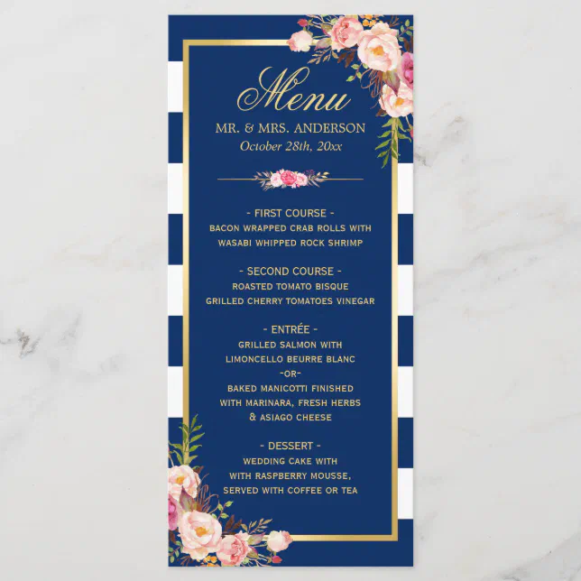 Beautiful Floral Navy Blue Striped Wedding Menu | Zazzle