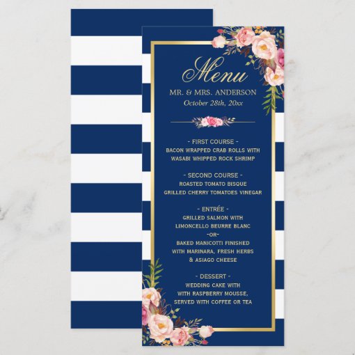 Beautiful Floral Navy Blue Striped Wedding Menu | Zazzle