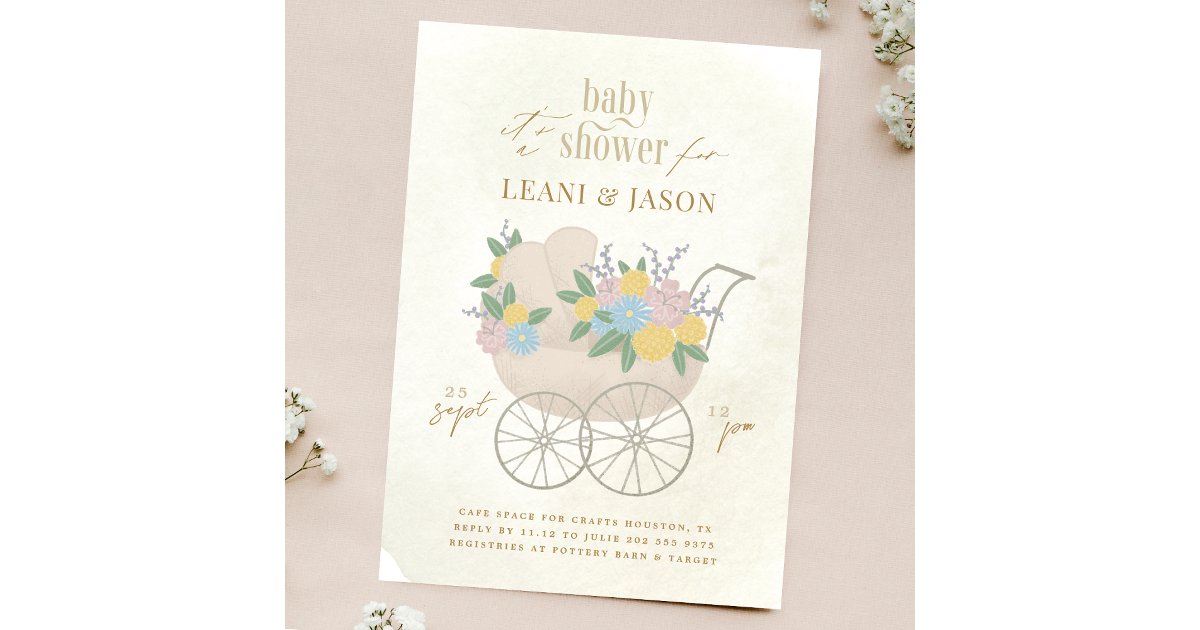 Beautiful Floral Pram Rustic Flowers Baby Shower Invitation | Zazzle