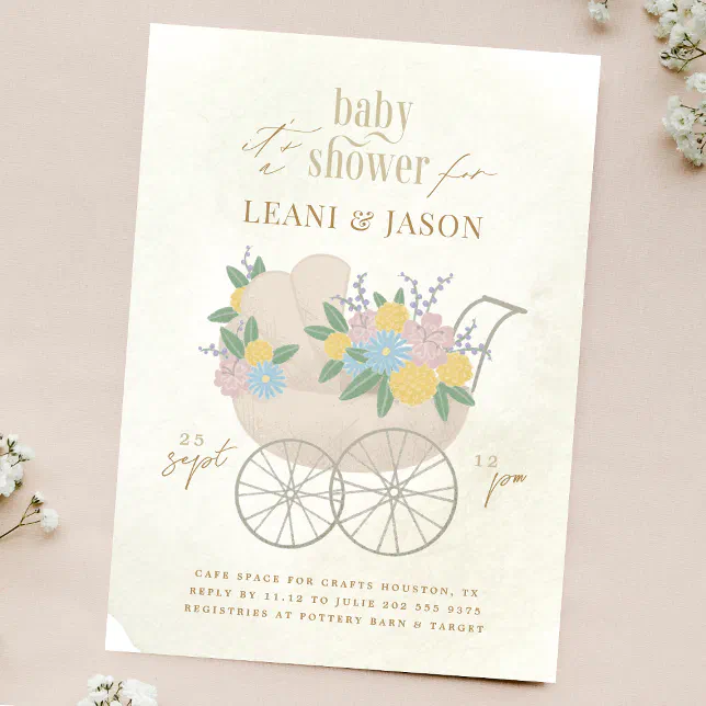 Beautiful Floral Pram Rustic Flowers Baby Shower Invitation | Zazzle