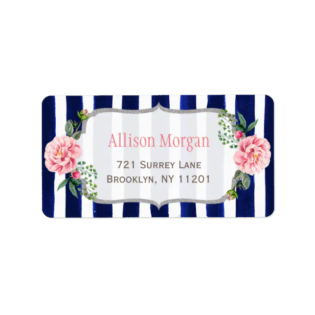 Beautiful Floral Silver Glitter Navy Blue Stripes Label | Zazzle