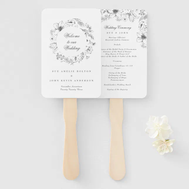 Beautiful Floral Sketched Wedding Program Hand Fan | Zazzle