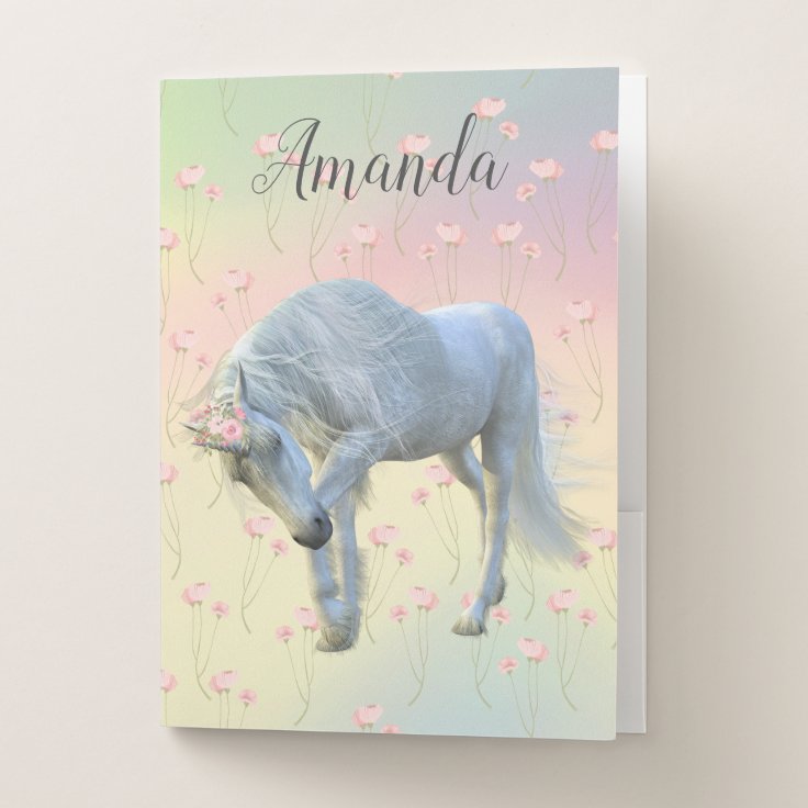 Beautiful Floral Unicorn Personalized Pocket Folder | Zazzle