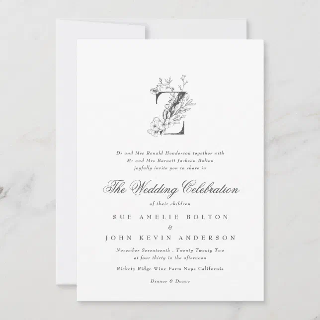 Beautiful Floral 'Z' Monogram Sketched Wedding Invitation | Zazzle