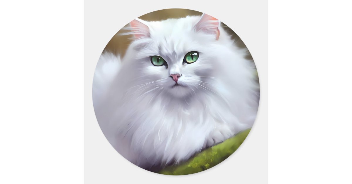 Beautiful Fluffy Cat Painting Classic Round Sticker | Zazzle
