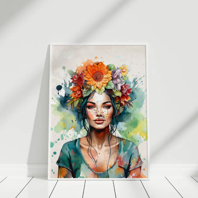 Beautiful Girl Portrait with Flowers in Her Head Poster | Zazzle