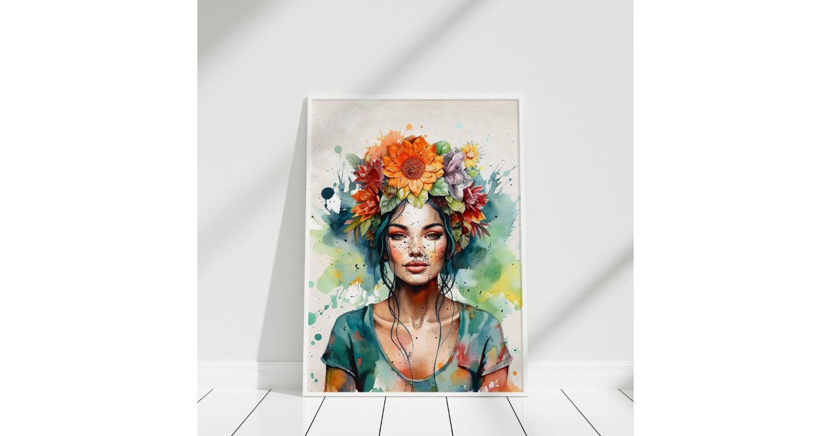 Beautiful Girl Portrait with Flowers in Her Head Poster | Zazzle