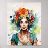 Beautiful Girl Portrait with Flowers in Her Head Poster | Zazzle