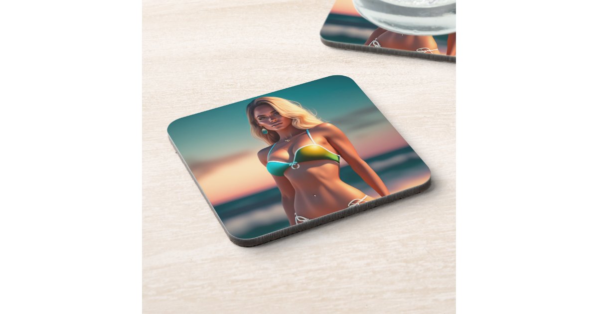 Beautiful girl pose in bikini beverage coaster | Zazzle