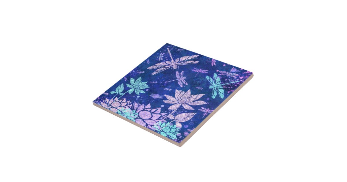 Beautiful Glitter Flowers Dragonflies Ceramic Tile | Zazzle