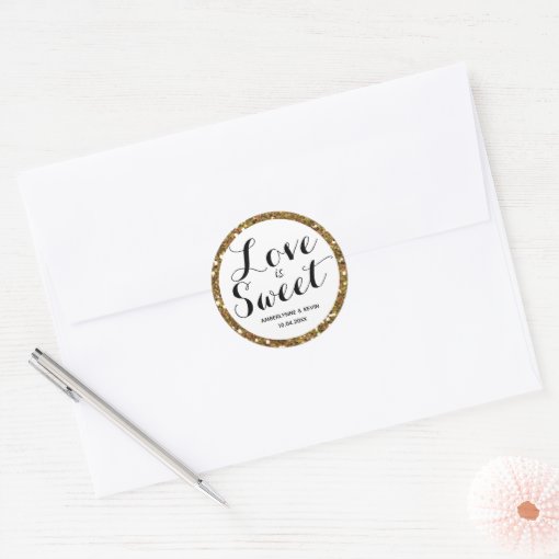 Beautiful Glitter Gold Love Is Sweet Classic Round Sticker Zazzle